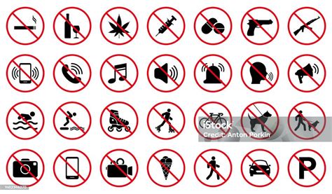 금지 된 픽토그램 세트 주의 제한 구역 블랙 실루엣 아이콘입니다 주의 빨간색 정지 원 기호입니다 경고 허용 안 됨 라운드 기호 금지 된 수집 금지 격리된 벡터 일러스트 레이