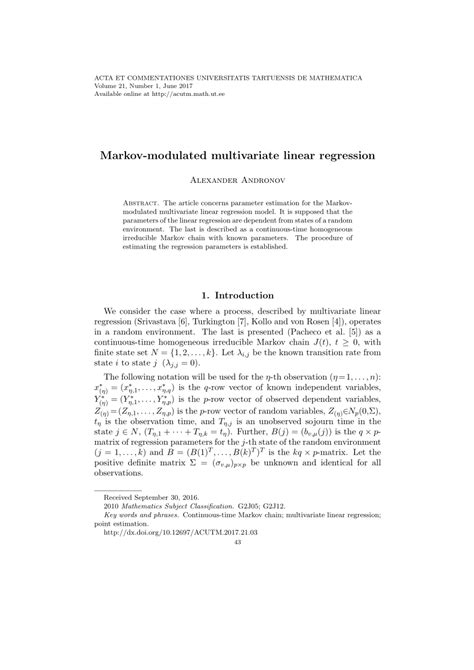 Pdf Markov Modulated Multivariate Linear Regression
