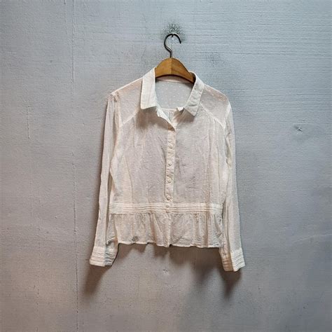 수입 일본 빈티지 도트무늬 시스루 프릴 블라우스 여성 M 세컨웨어