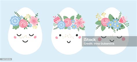 파스텔 색상의 귀여운 부활절 달걀을 설정합니다 꽃화환이 있는 부활절 달걀 캐릭터 벡터 개체 그룹에 대한 스톡 벡터 아트 및 기타 이미지 개체 그룹 공휴일 귀여운