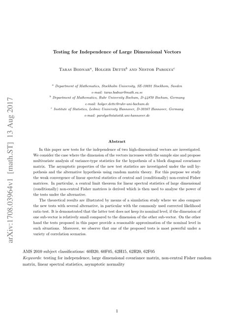 Pdf Testing For Independence Of Large Dimensional Vectors