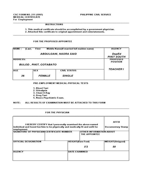 1medical Certificate Csc Form 211 Download Free Pdf Health