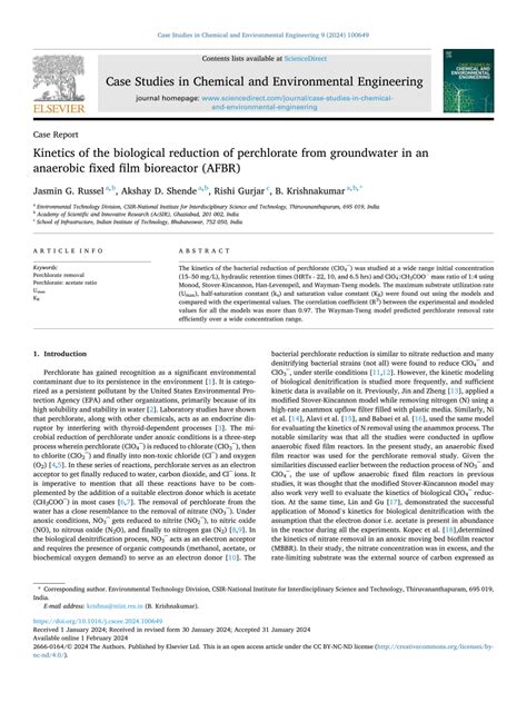 Pdf Kinetics Of The Biological Reduction Of Perchlorate From Groundwater In An Anaerobic Fixed