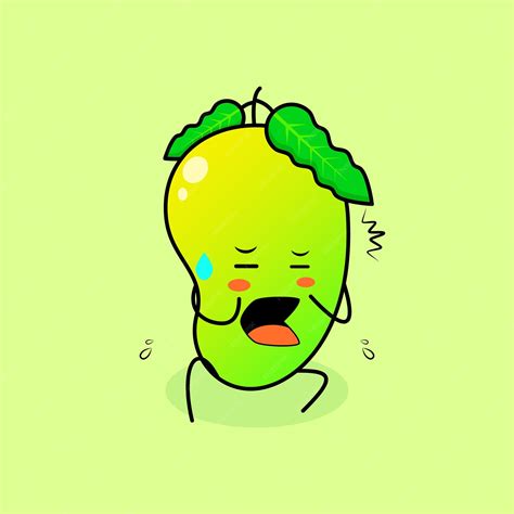 두려운 표정을 짓고 앉는 귀여운 망고 캐릭터 녹색과 주황색 이모티콘에 적합 프리미엄 벡터