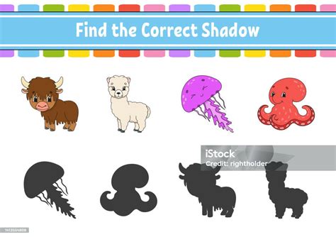 올바른 그림자를 찾습니다 워크시트를 개발하는 교육 아이들을위한 일치하는 게임 색상 활동 페이지입니다 아이들을위한 퍼즐 귀여운 캐릭터 벡터 그림입니다 만화 스타일 교육에 대한