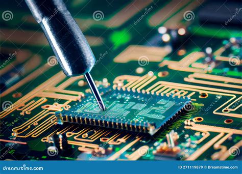 Soldering A Micro Chip Processor With Iron Tool On A Green Circuit Boad Ai Generated Royalty