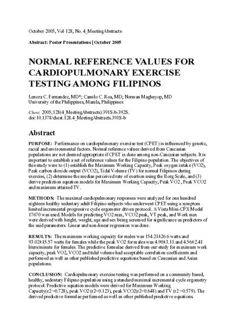 Pdf Normal Reference Values For Cardiopulmonary Exercise Testing
