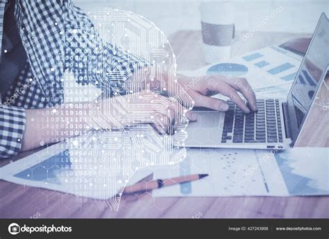 Man Typing On Keyboard Background With Brain Hologram Concept Of Big Data Double Exposure