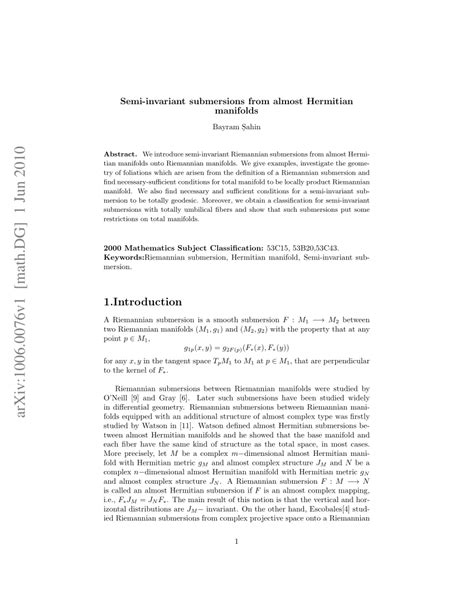 Pdf Semi Invariant Submersions From Almost Hermitian Manifolds