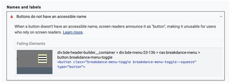 mobile menu toggle button fails lighthouse accessibility test buttons
