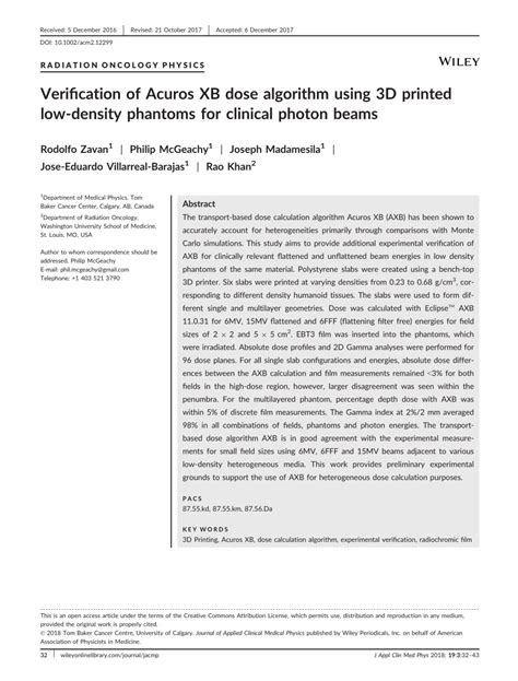 Pdf Verification Of Acuros Xb Dose Algorithm Using 3d Printed Low Density Phantoms For