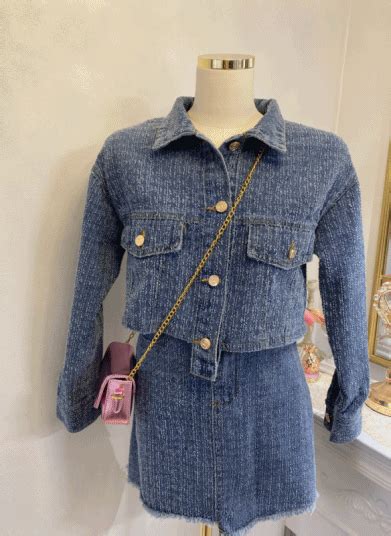 투피스셋 데님 트위드 금장 컷팅 자켓하이 언발 스커트 투피스 세트 에이블리