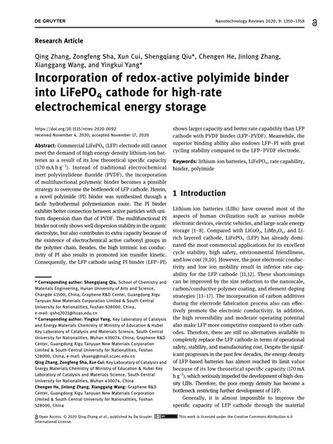 Pdf Incorporation Of Redox Active Polyimide Binder Into Lifepo4