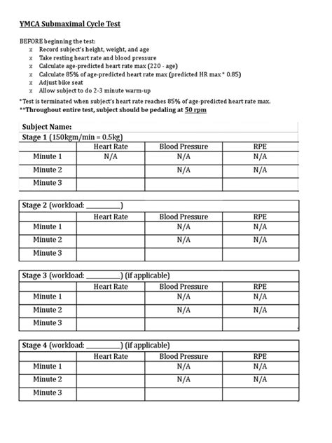 Ymca Submaximal Cycle Test Worksheet Copy 2 Pdf