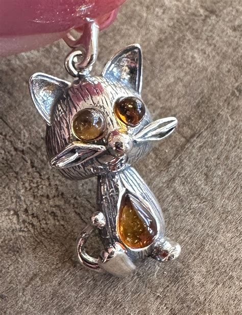 Amber Sterling Silver Cat Pendant Cognac Amber Gems Feline Kitty