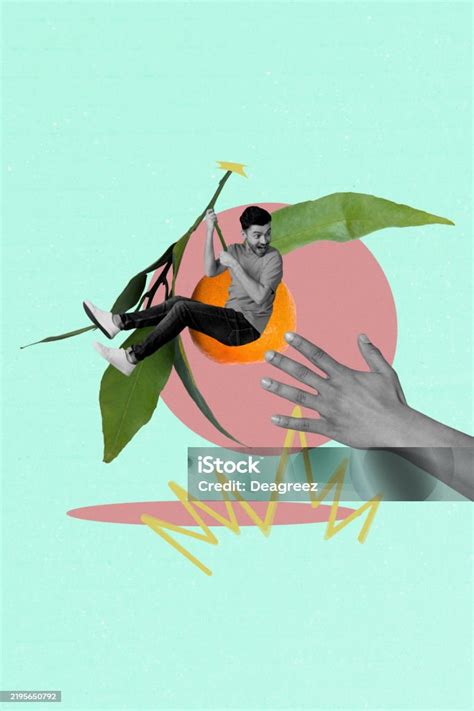 트렌드 삽화 스케치 디자인 몽타주 3d 콜라주 젊은이의 재미 있는 손 오렌지 감귤류 과일 비타민은 거대한 손 제스처 캐치를 겪습니다 35 39세에 대한 스톡 사진 및 기타