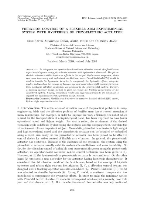 Pdf Vibration Control Of A Flexible Arm Experimental System With Hysteresis Of Piezoelectric