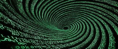 a spiraling vortex of green binary code on a black background evoking