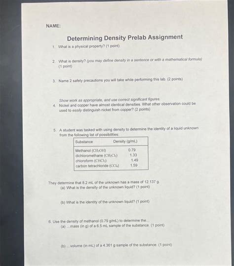 Solved NAME Determining Density Prelab Assignment What Chegg