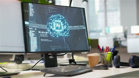 Pc Display Auf Dem Startup Office Desk Mit Code Für Künstliche Intelligenz Stock Bildmaterial