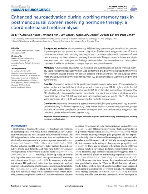 Pdf Enhanced Neuroactivation During Working Memory Task In Postmenopausal Women Receiving
