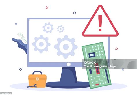 컴퓨터 수리 또는 서비스 플랫 만화 일러스트 레이 션 도구 수리공 전자 장치 데이터 복구 센터 및 Pc에서 충돌을위한 인터넷에 대한 스톡 벡터 아트 및 기타 이미지 Istock