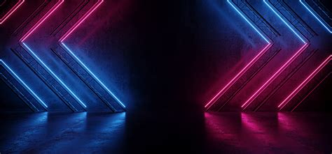 네온 빛나는 보라색 블루 활기찬 공상 과학 소설 미래 단계 연단 건설 금속 삼각형 콘크리트 그런지 반사 어두운 밤 가상 쇼 배경 레이저 터널 복도 3d 렌더링 광선에 대한