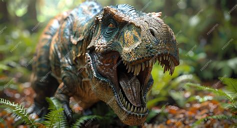 Premium Photo Realistic Model Of A Tyrannosaurus Rex In A Lush Forest Showcasing Detailed