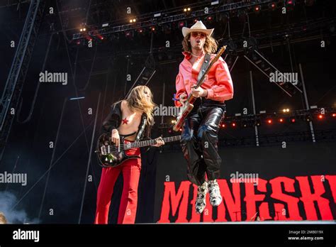 Victoria De Angelis Left And Thomas Raggi Of Maneskin Perform On Day