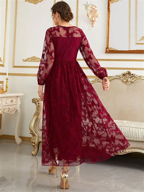 Shein Modely Burgundy Red Butterfly Embroidery Mesh Lantern Sleeve
