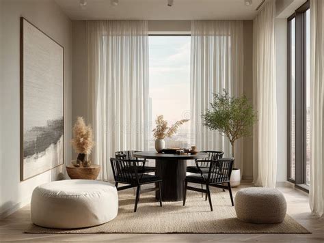 Modern Living Room With Open Layout Large Windows Sheer Curtains
