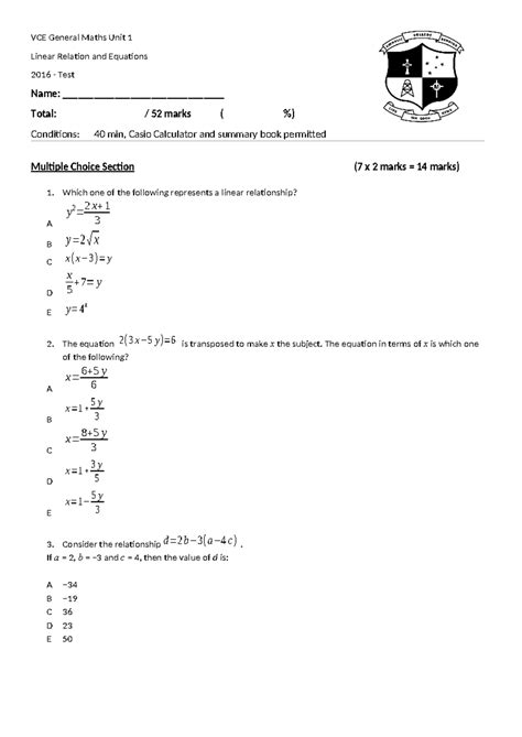 2016 Linear Relations And Equations Test Vce General Maths
