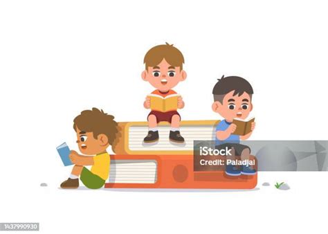 책을 읽는 세 소년 흰색 배경에 삽화 만화 캐릭터 벡터 디자인 아이와 교육 개념 개념에 대한 스톡 벡터 아트 및 기타 이미지