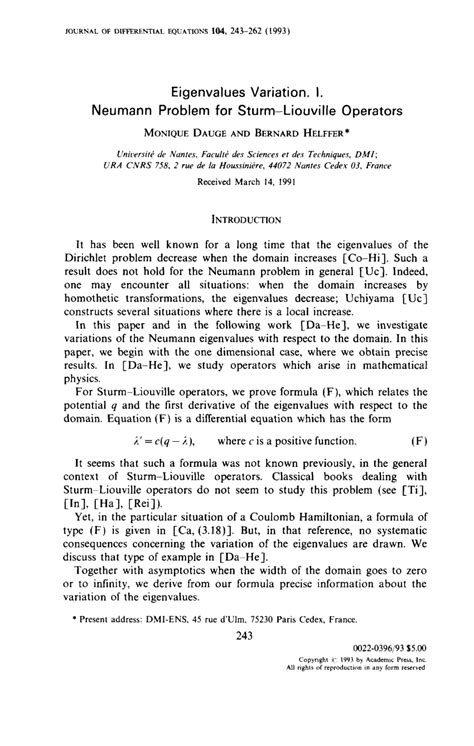 Pdf Eigenvalues Variation I Neumann Problem For Sturm Liouville