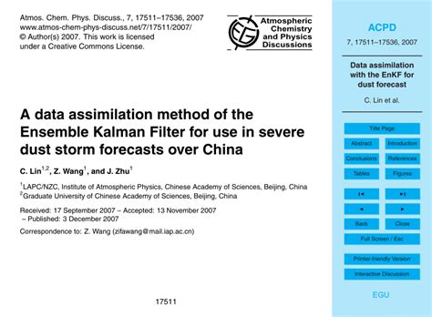 Pdf A Data Assimilation Method Of The Ensemble Kalman Filter For Use In Severe Dust Storm