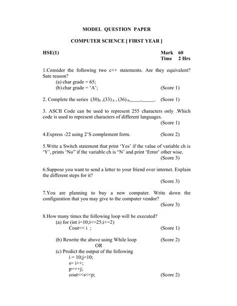 Model Question Paper Computer Science First Year