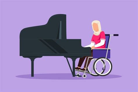 콘서트에서 피아노를 연주하는 휠체어에 앉아 있는 장애가 있는 젊은 아라비아 여성의 그래픽 플랫 디자인 그림 장애 및 클래식 음악 신체 재활 환자 만화 스타일 벡터 그림