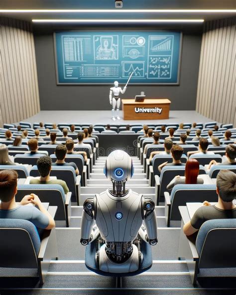 Futuristic Ai Robot Professor Teaching Students University Classroom