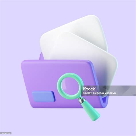 3d 보라색 컴퓨터 파일 폴더 아이콘 와 빈 문서 와 돋보기 와 배경에 고립된 관리 파일 개념을 위해 종이로 폴더를 렌더링합니다 3d 만화 간단한 벡터 일러스트 레이 션 3