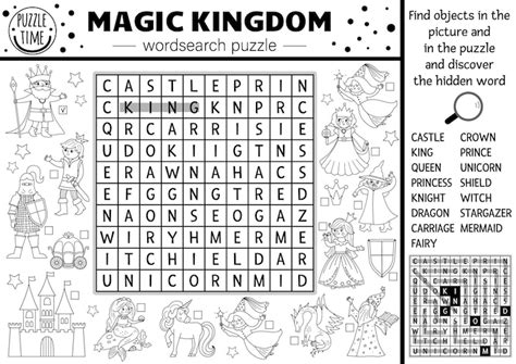 아이들을 위한 벡터 흑백 동화 Wordsearch 퍼즐 판타지 생물과 함께 간단한 마법의 왕국 십자말 풀이 성 공주 유니콘과