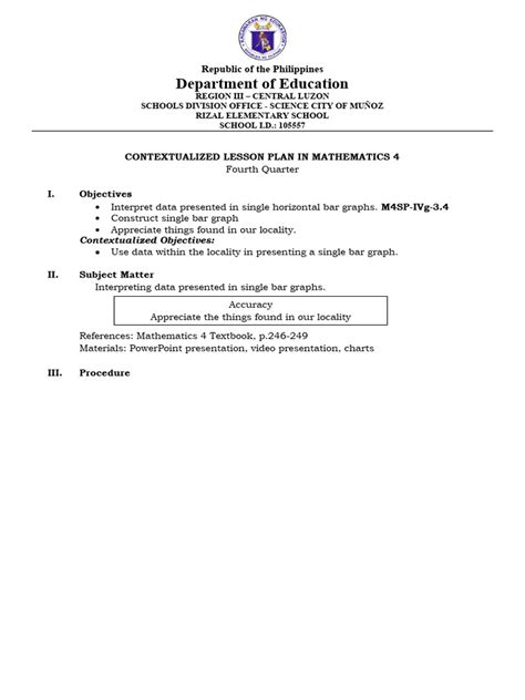 Lesson Plan In Math4 Interpret Data Presented In Single Bar Graphs Pdf