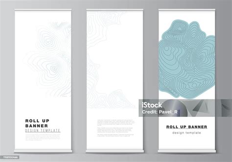 롤업 배너 스탠드 수직 전단지 플래그 디자인 비즈니스 템플릿의 편집 가능한 레이아웃의 벡터 그림 지형 윤곽지도 추상 단색 배경