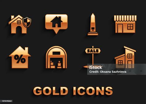 세트 창고 쇼핑 건물 또는 시장 상점 집 텍스트 판매 Percant 할인 태그 워싱턴 기념물 방패 및지도 포인터 아이콘 매달려