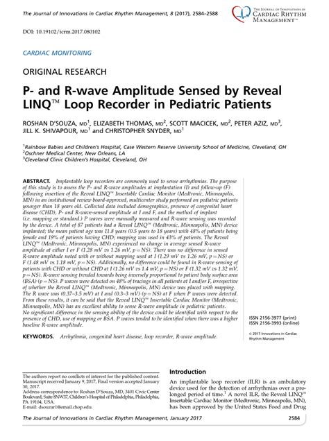 Pdf P And R Wave Amplitude Sensed By Reveal Linq™ Loop Recorder In