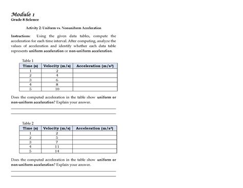 Module 1 Grade 8 Science Activity 2 Uniform Vs Nonuniform Acceleration