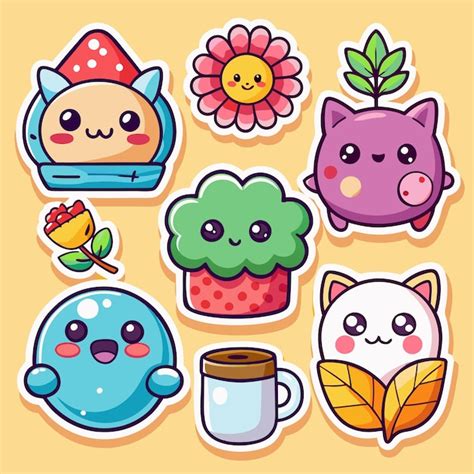 Cute Cartoon Stickers Of A Cat Mushroom Flower Plant Blue Blob And