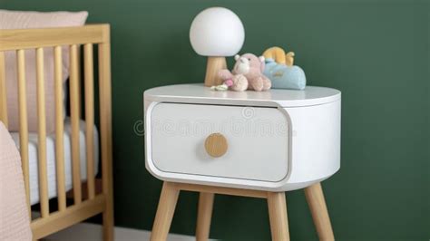 White Nursery Bedside Table With Wooden Legs Stock Image Image Of