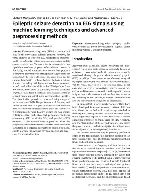 Pdf Epileptic Seizure Detection On Eeg Signals Using Machine Learning