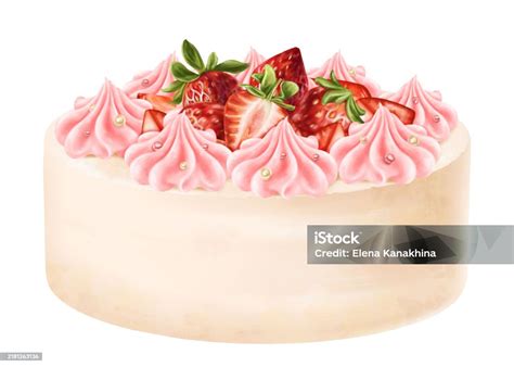 크림 꽃과 신선한 딸기로 장식 된 수제 스폰지 케이크 휘핑 크림을 곁들인 생과자 베이커리의 축제 컵케이크 메뉴 초대장 패키지용 디지털 절연 일러스트레이션 거품 내기에 대한