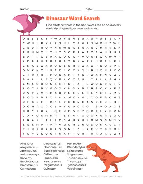 Types Of Dinosaurs Word Search Educational Images Picstank